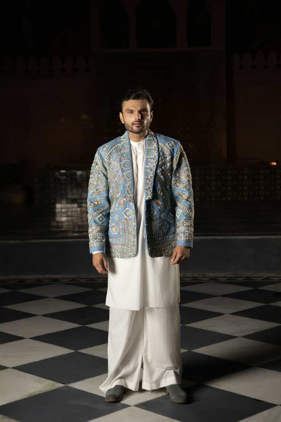 Denim men's embellished blazer with kurta and pajama